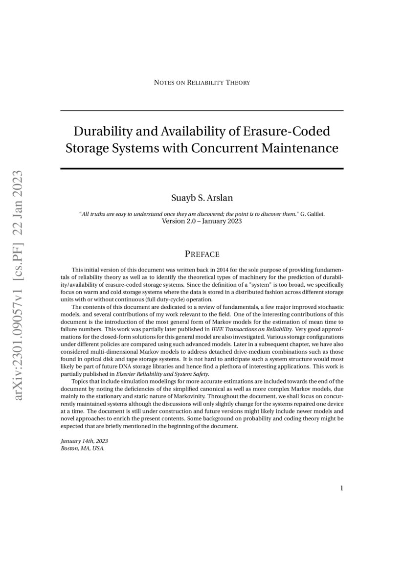 Durability And Availability Of Erasure Coded Storage Systems With Concurrent Maintenance Deepai