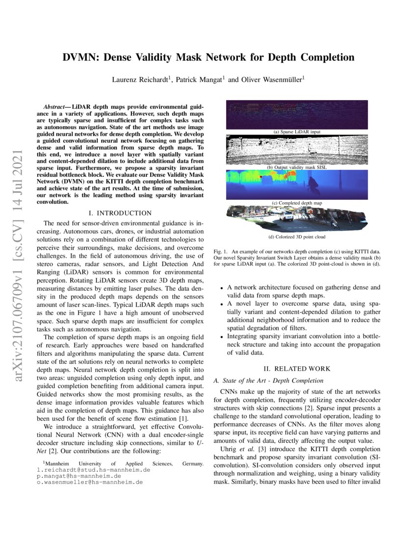 DVMN: Dense Validity Mask Network for Depth Completion | DeepAI