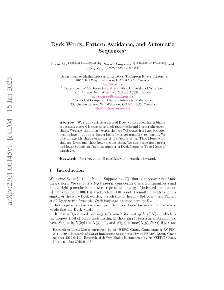 Dyck Words, Pattern Avoidance, and Automatic Sequences | DeepAI