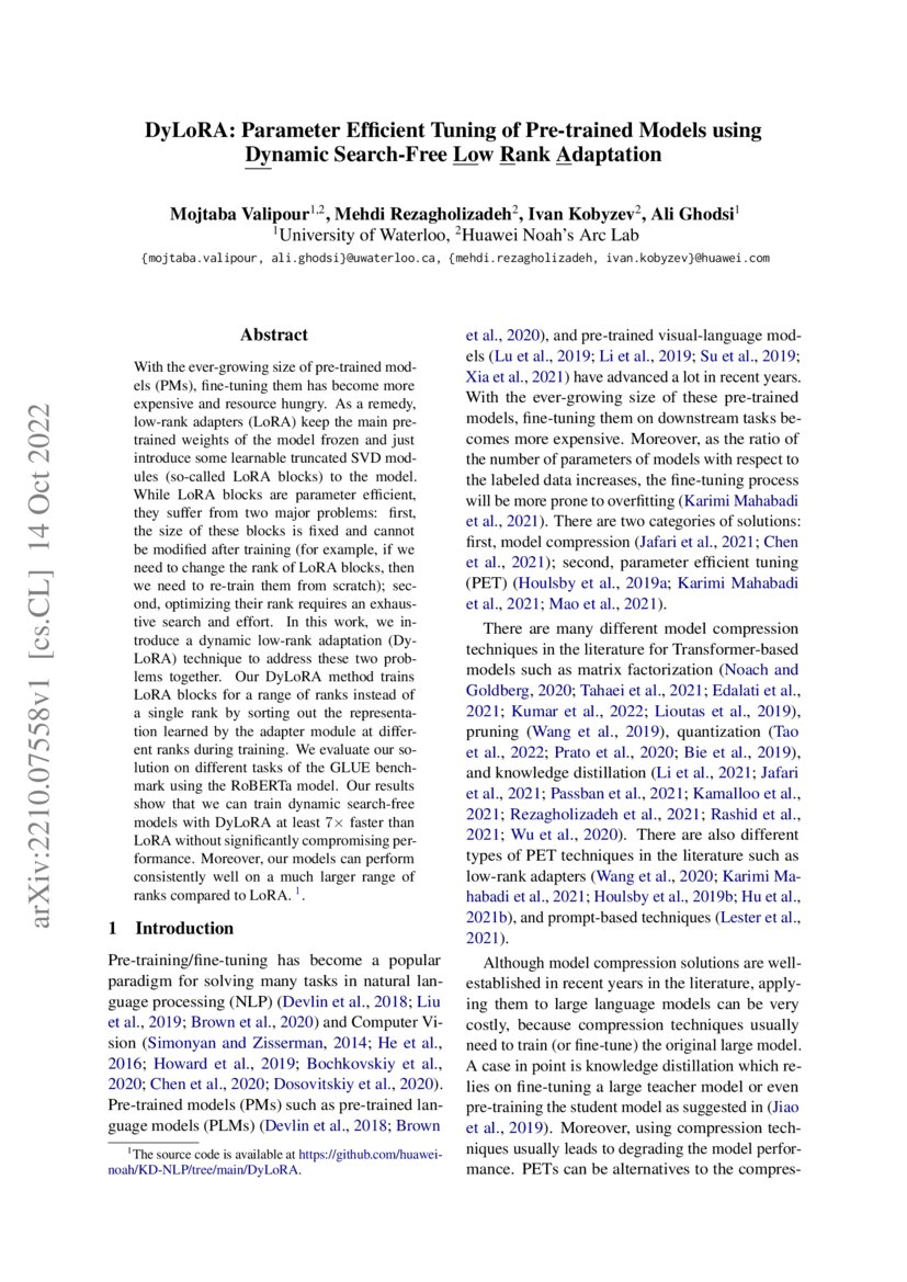 DyLoRA: Parameter Efficient Tuning of Pre-trained Models using Dynamic Search-Free Low-Rank ...