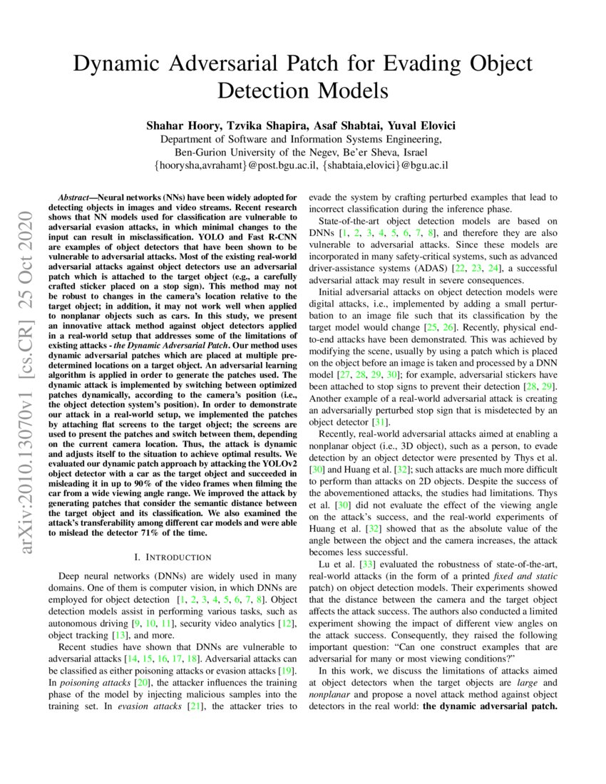 Dynamic Adversarial Patch For Evading Object Detection Models Deepai