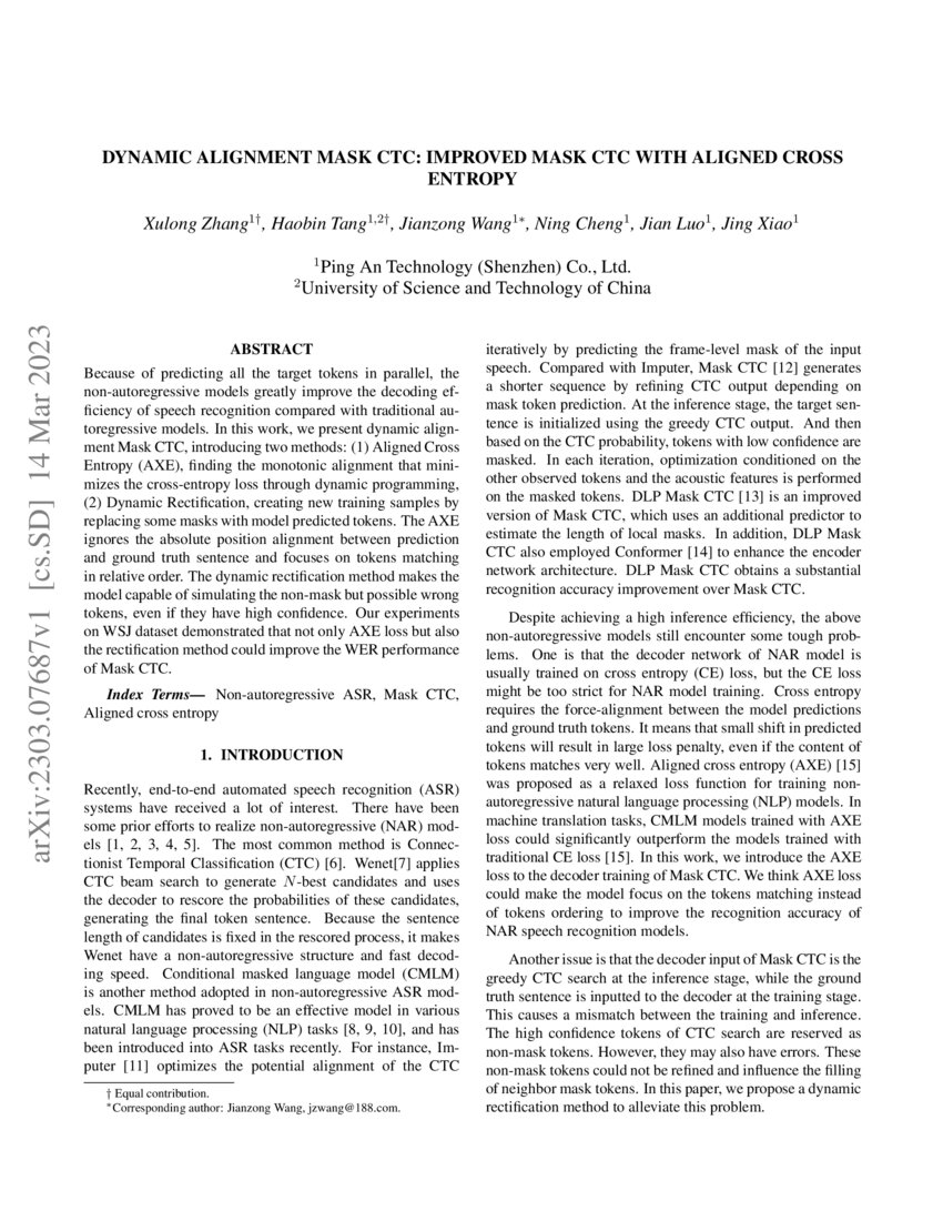 Dynamic Alignment Mask CTC: Improved Mask-CTC with Aligned Cross Entropy | DeepAI