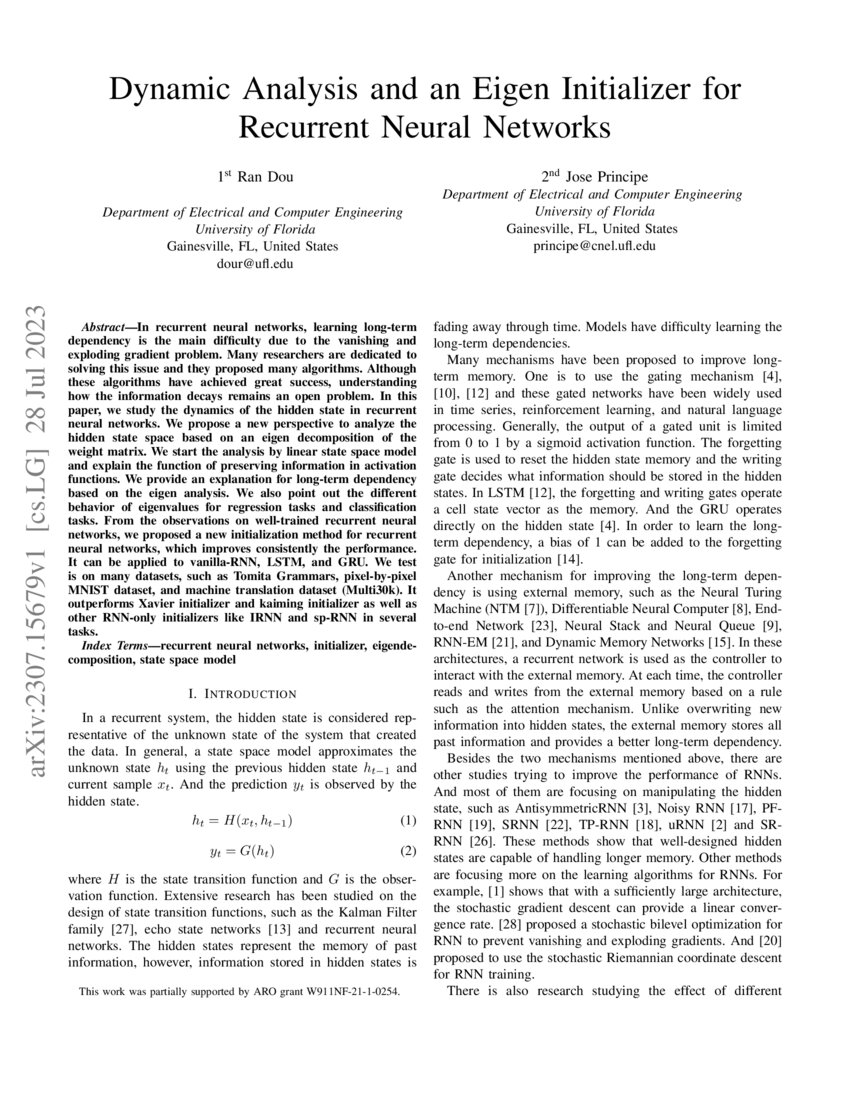 Dynamic Analysis And An Eigen Initializer For Recurrent Neural Networks Deepai