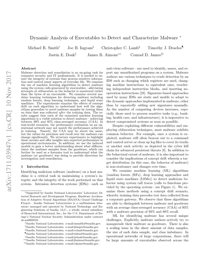 Dynamic Analysis Of Executables To Detect And Characterize Malware Deepai