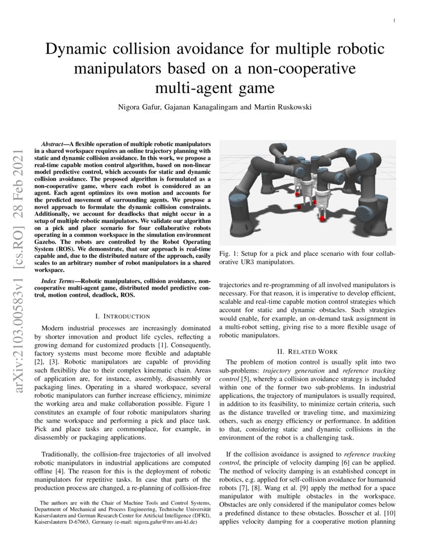 Dynamic collision avoidance for multiple robotic manipulators based on a non-cooperative multi ...
