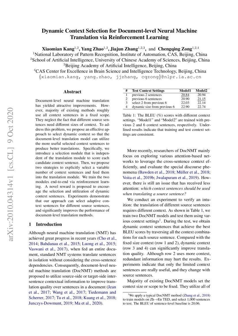Dynamic Context Selection For Document Level Neural Machine Translation Via Reinforcement