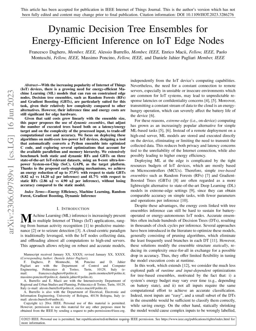 Dynamic Decision Tree Ensembles For Energy Efficient Inference On Iot