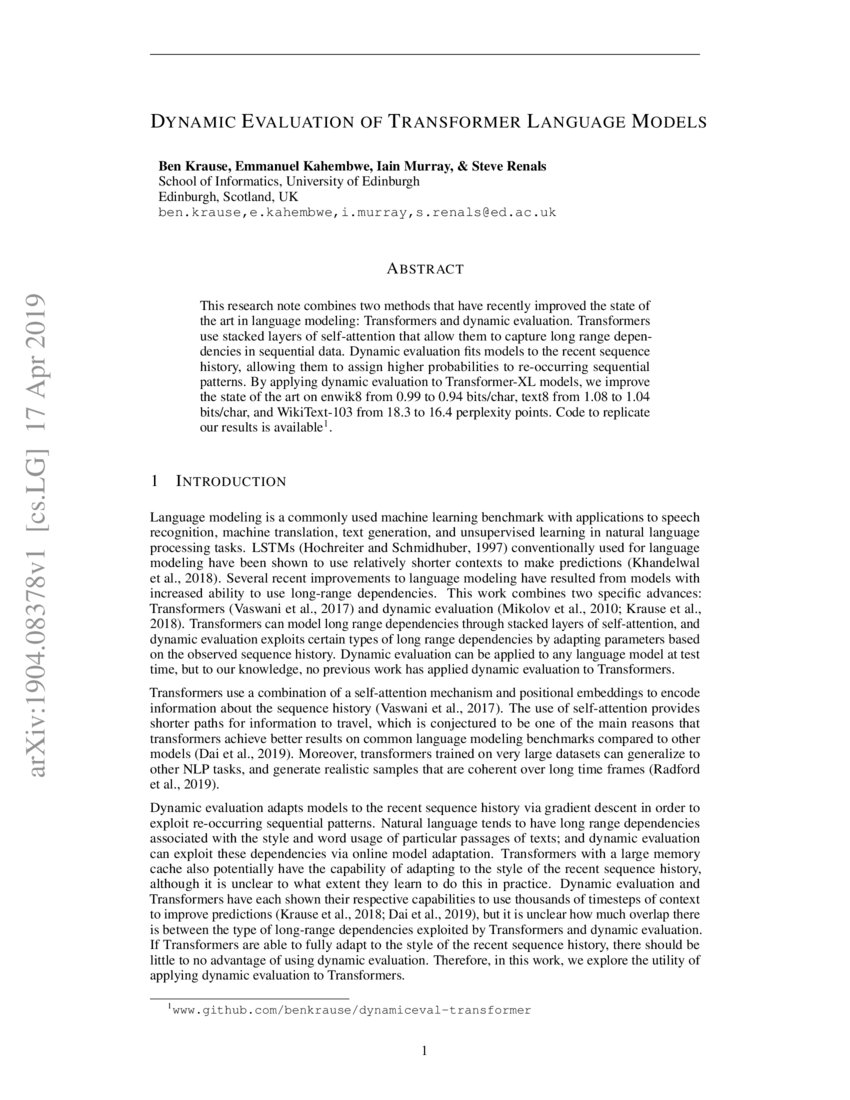 Dynamic Evaluation of Transformer Language Models | DeepAI Dynamic Evaluation of Transformer Language Models | DeepAI