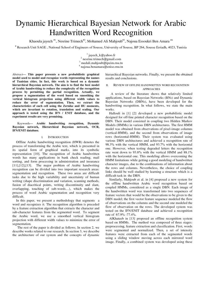 Dynamic Hierarchical Bayesian Network For Arabic Handwritten Word Recognition Deepai