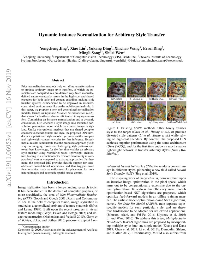 Dynamic Instance Normalization for Arbitrary Style Transfer | DeepAI