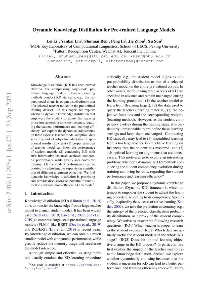 Dynamic Knowledge Distillation for Pre-trained Language Models | DeepAI