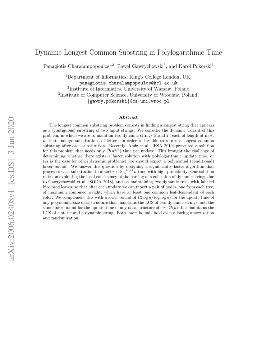 Dynamic Longest Common Substring In Polylogarithmic Time Deepai