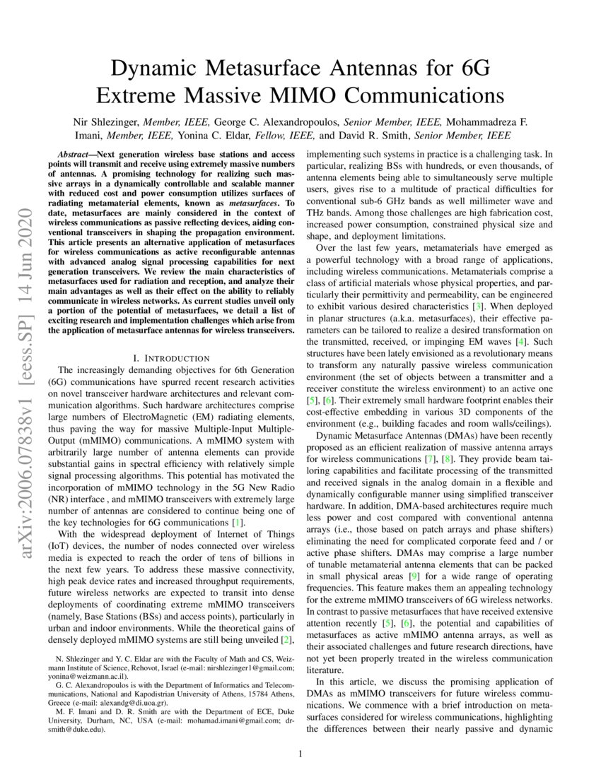 Dynamic Metasurface Antennas For 6g Extreme Massive Mimo Communications Deepai