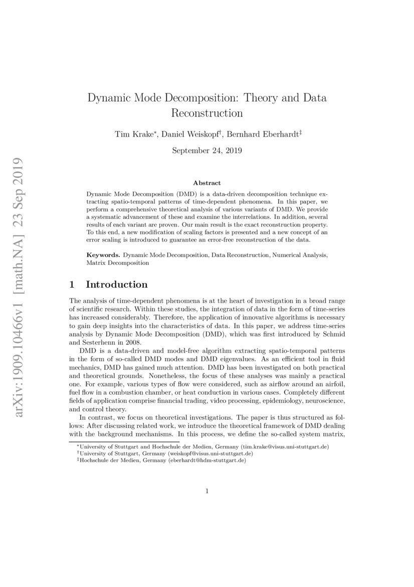 Dynamic Mode Decomposition Theory And Data Reconstruction Deepai
