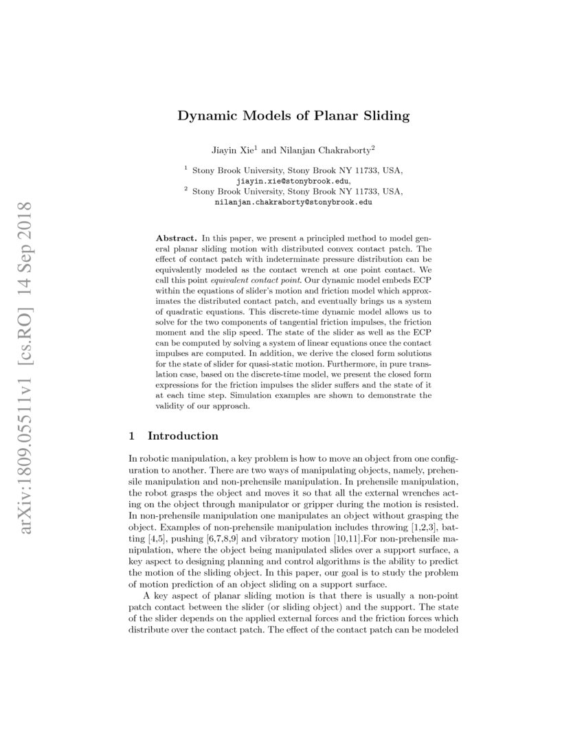 Dynamic Models of Planar Sliding | DeepAI