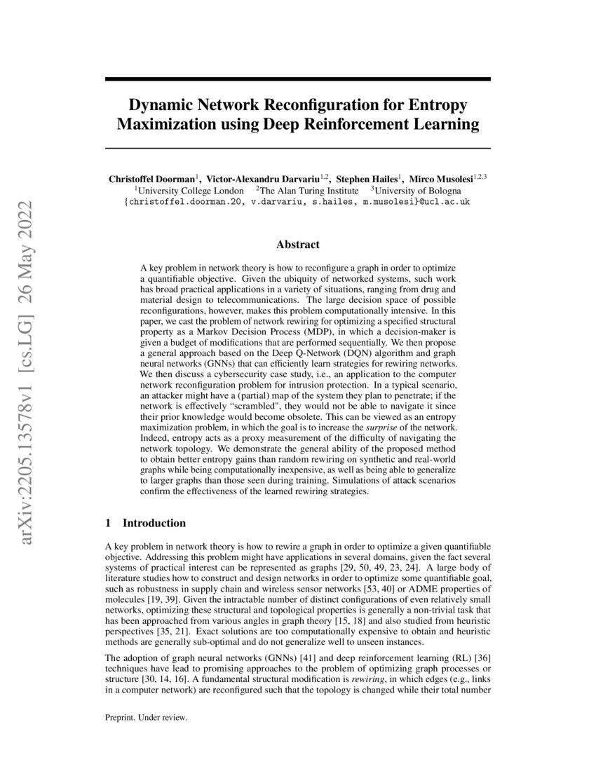 Dynamic Network Reconfiguration For Entropy Maximization Using Deep Reinforcement Learning Deepai