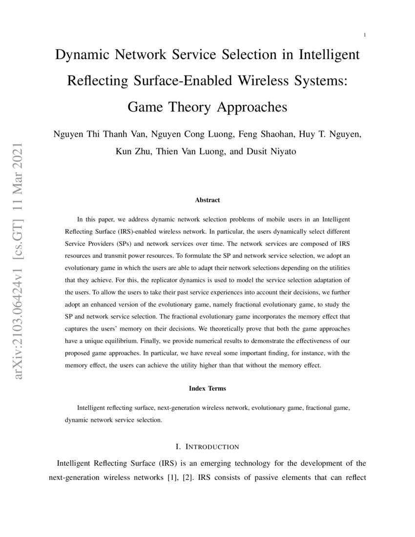 Dynamic Network Service Selection In Intelligent Reflecting Surface Dynamic Network Service Selection In Intelligent Reflecting Surface