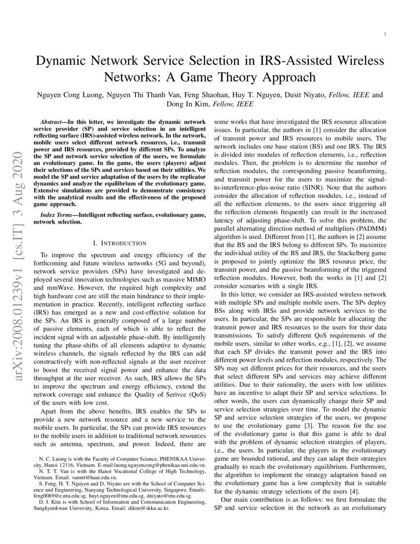 Dynamic Network Service Selection In Irs Assisted Wireless Networks A Game Theory Approach Deepai