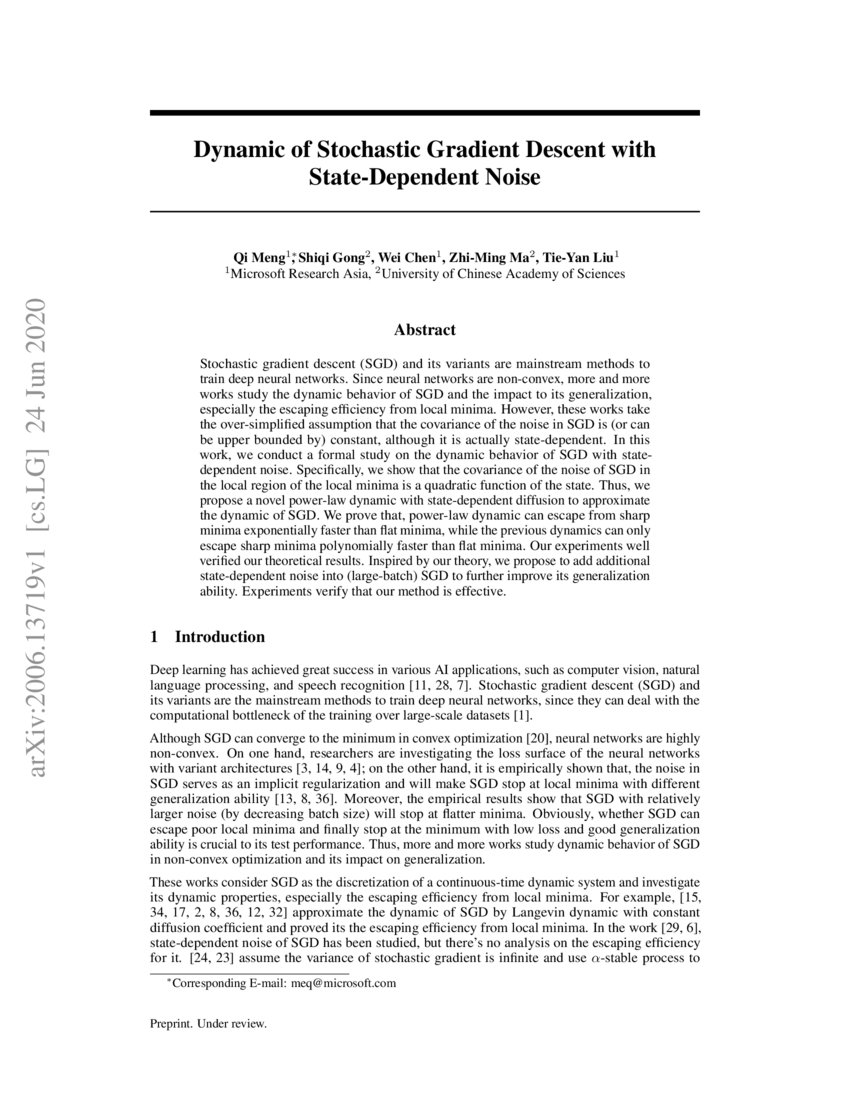Dynamic of Stochastic Gradient Descent with State-Dependent Noise | DeepAI