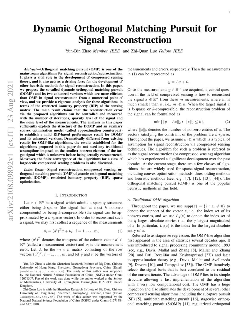 Dynamic Orthogonal Matching Pursuit for Signal Reconstruction | DeepAI