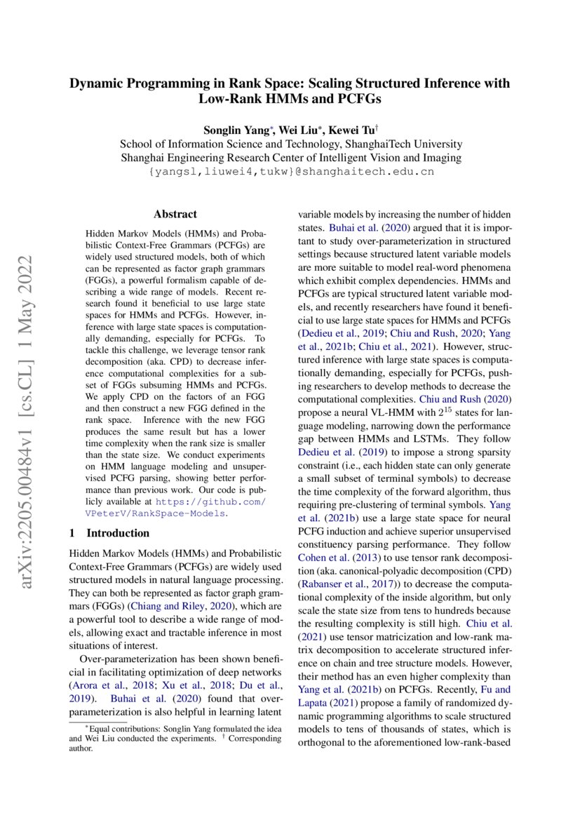 Dynamic Programming in Rank Space: Scaling Structured Inference with Low-Rank HMMs and PCFGs ...