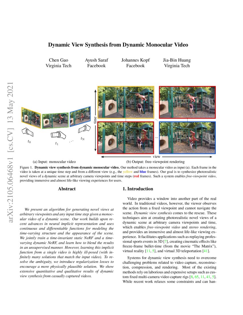 Dynamic View Synthesis from Dynamic Monocular Video | DeepAI