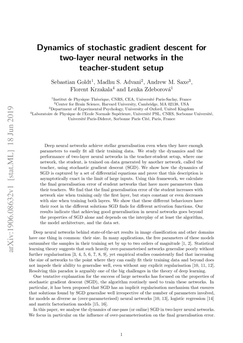 Dynamics Of Stochastic Gradient Descent For Two Layer Neural Networks