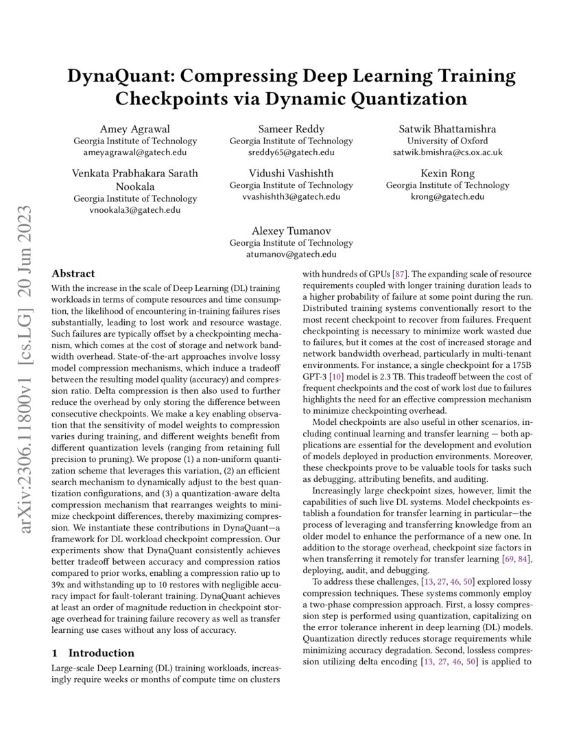 Dynaquant Compressing Deep Learning Training Checkpoints Via Dynamic Quantization Deepai 