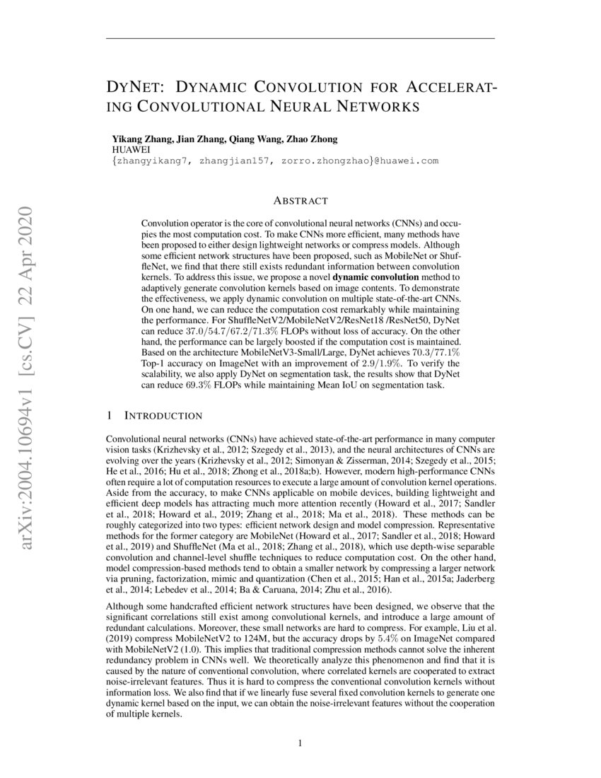 Dynet Dynamic Convolution For Accelerating Convolutional Neural