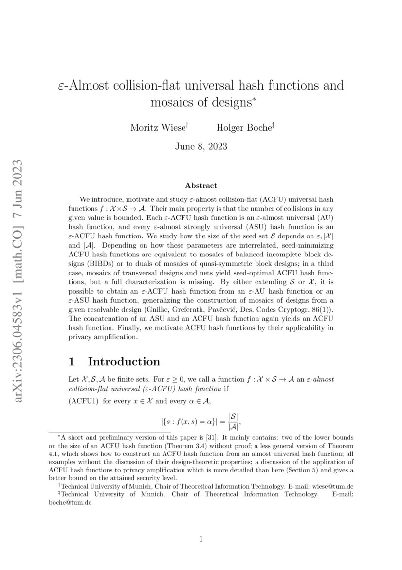 ε-Almost collision-flat universal hash functions and mosaics of designs ...