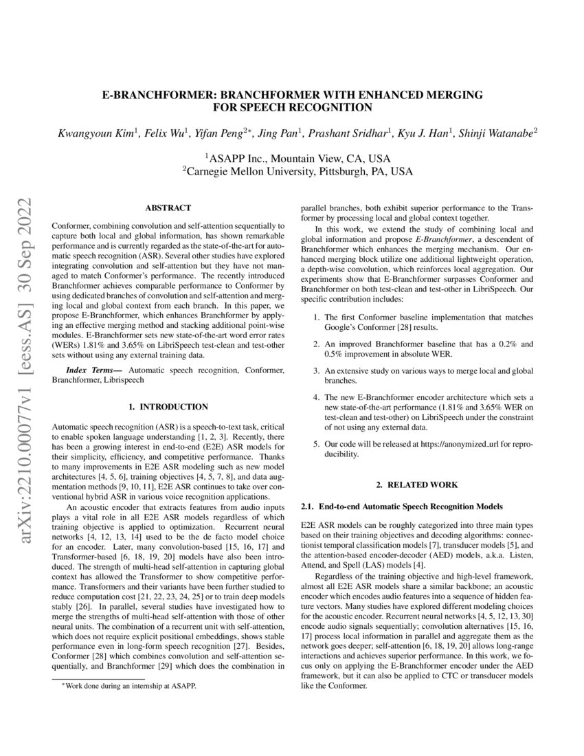 E-Branchformer: Branchformer with Enhanced merging for speech ...