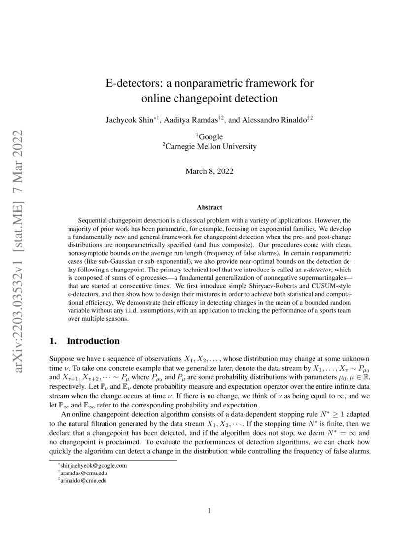 E-detectors: a nonparametric framework for online changepoint detection ...