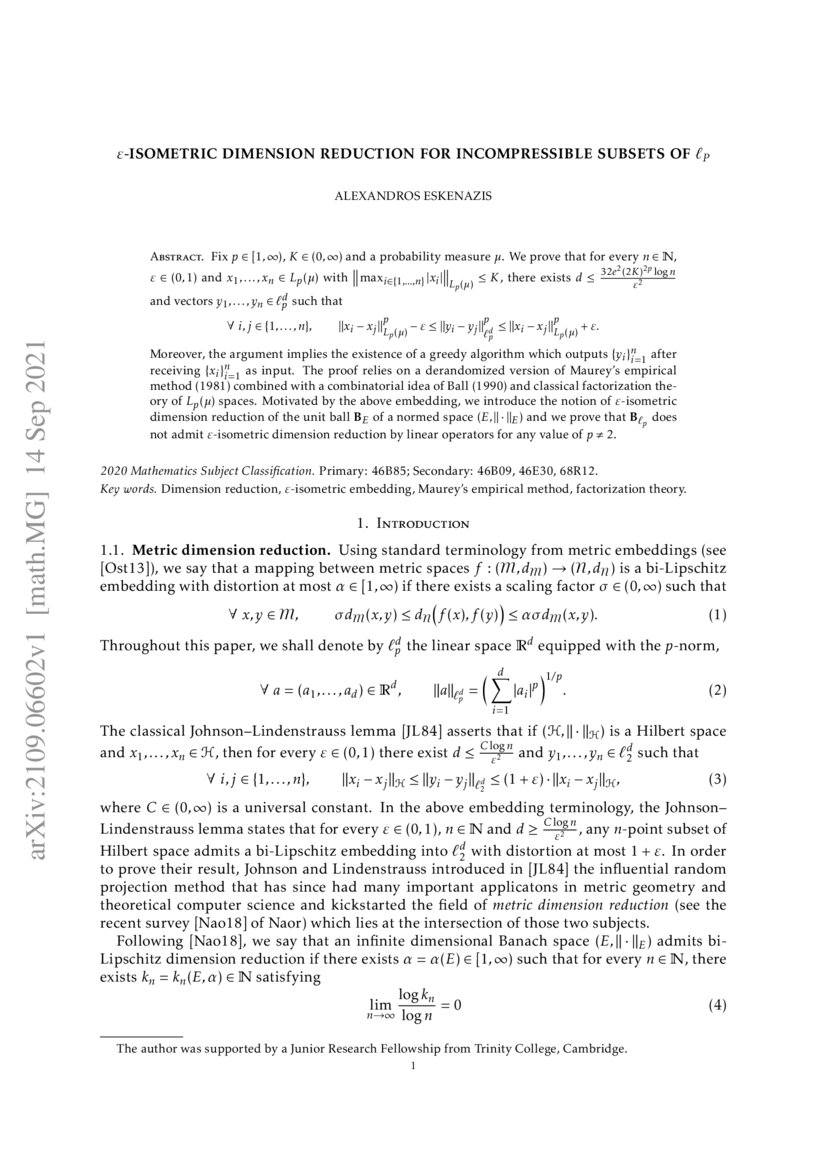 ε-isometric dimension reduction for incompressible subsets of ℓ_p | DeepAI
