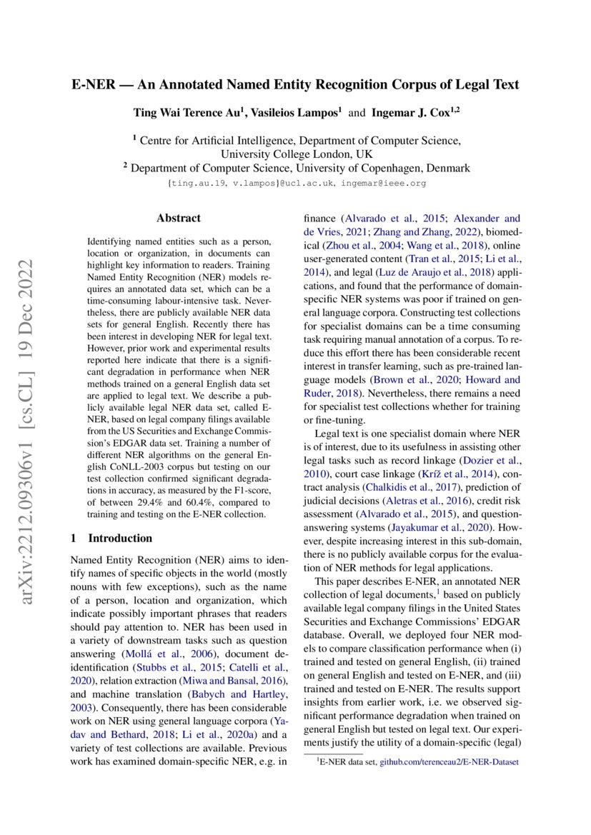 E-NER – An Annotated Named Entity Recognition Corpus of Legal Text | DeepAI E-NER – An Annotated Named Entity Recognition Corpus of Legal Text | DeepAI