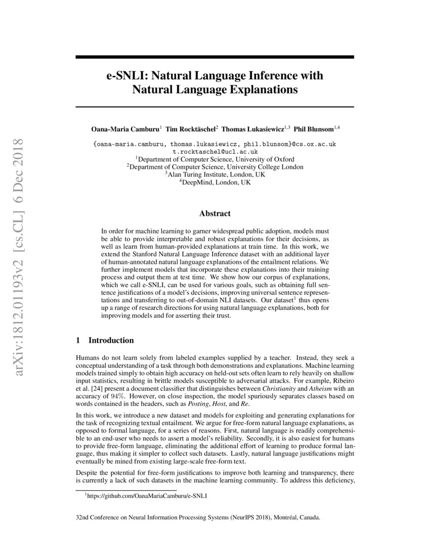 e-SNLI: Natural Language Inference with Natural Language Explanations | DeepAI