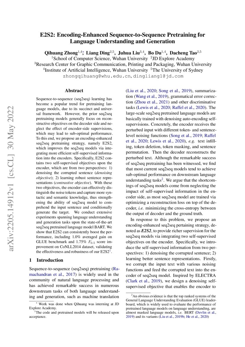 E2s2 Encoding Enhanced Sequence To Sequence Pretraining For Language Understanding And