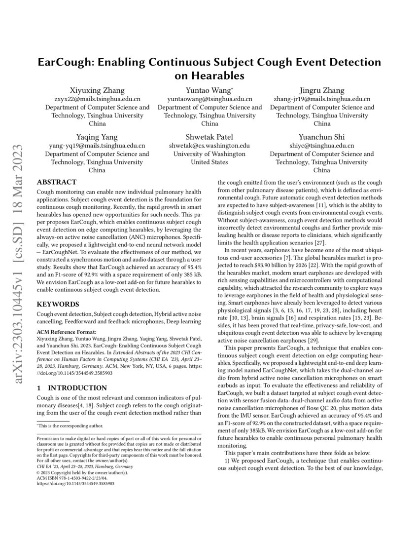 EarCough: Enabling Continuous Subject Cough Event Detection on Hearables | DeepAI
