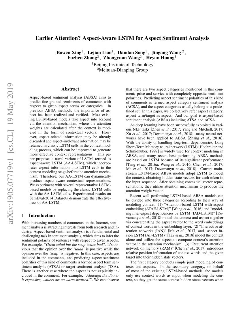 Earlier Attention Aspect Aware Lstm For Aspect Sentiment Analysis Deepai
