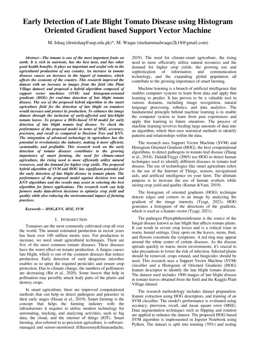 Early Detection Of Late Blight Tomato Disease Using Histogram Oriented Gradient Based Support