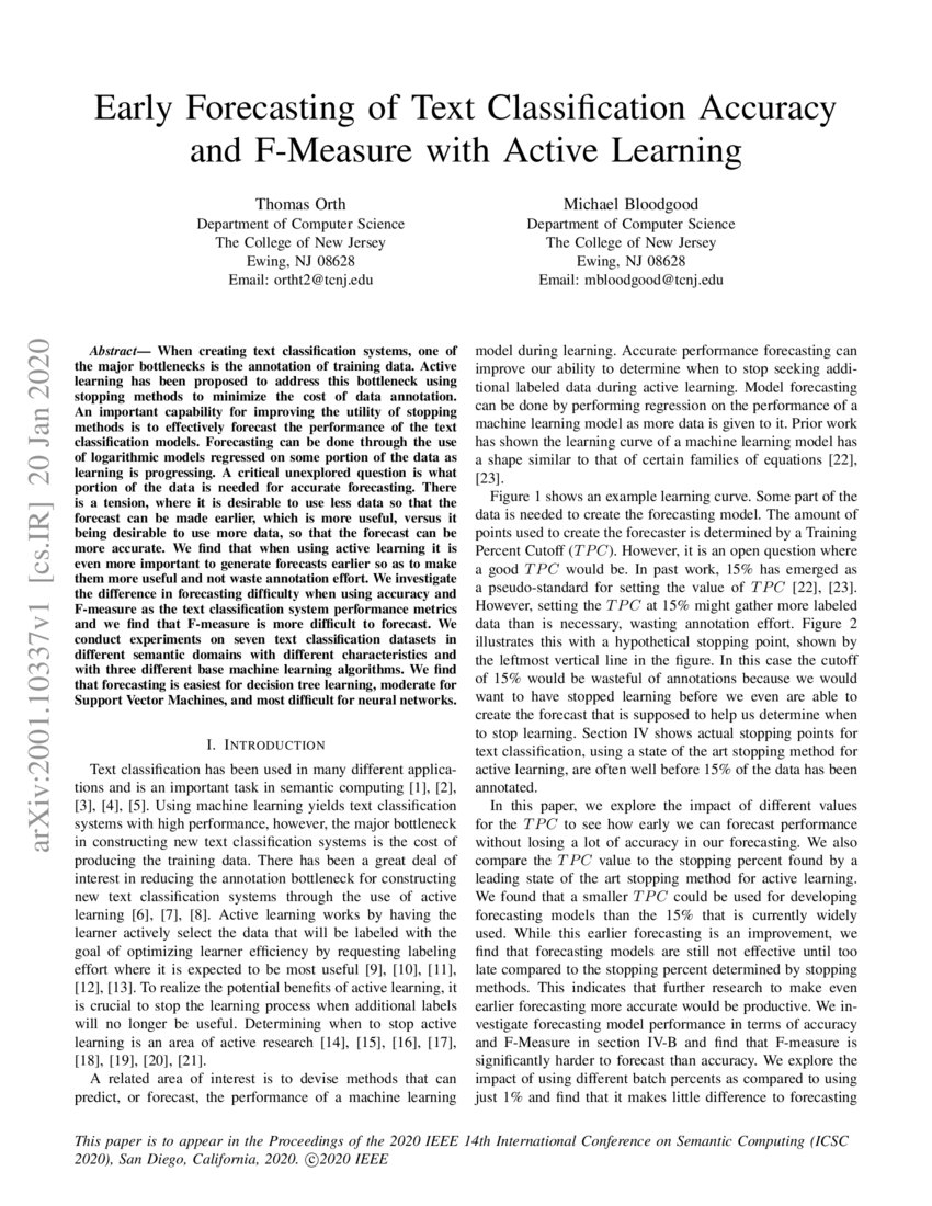 Early Forecasting of Text Classification Accuracy and F-Measure with ...