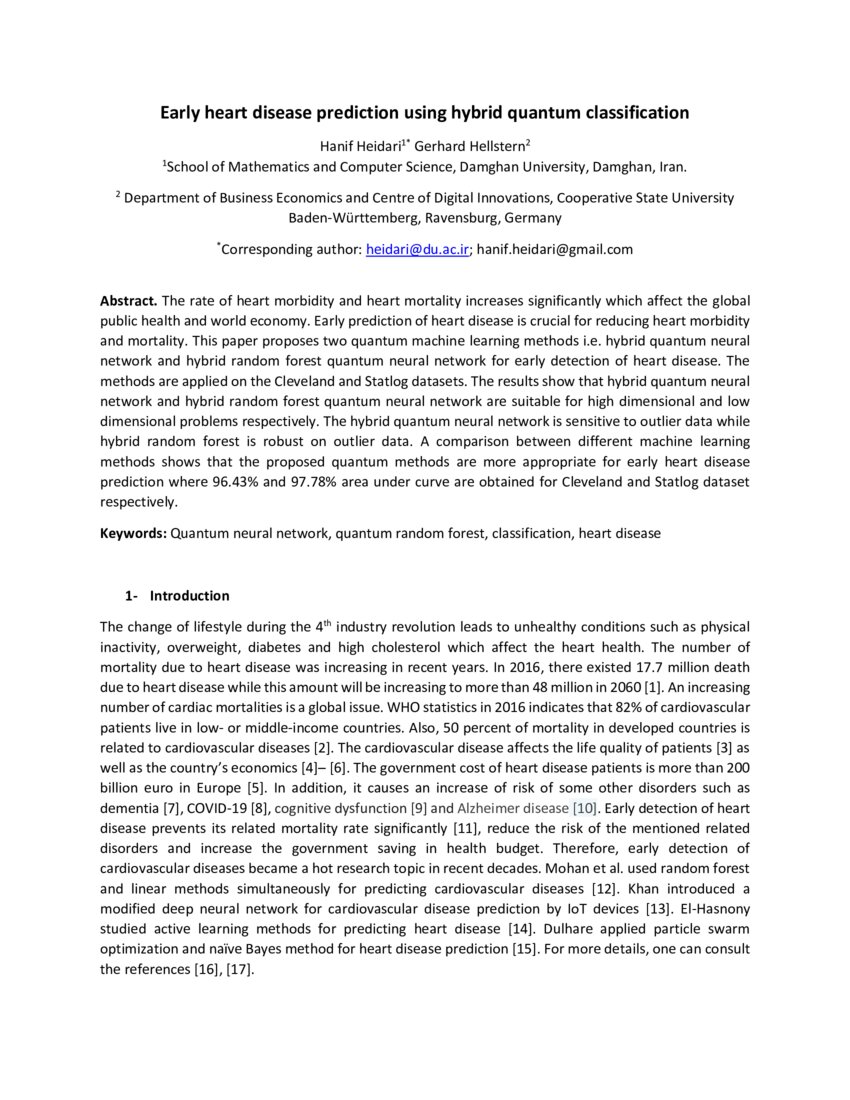 Early Heart Disease Prediction Using Hybrid Quantum Classification Deepai