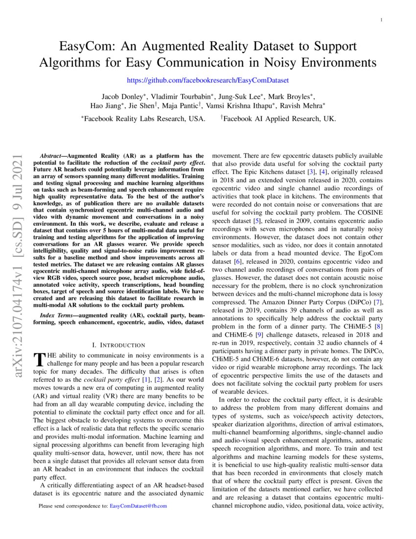 EasyCom: An Augmented Reality Dataset to Support Algorithms for Easy ...