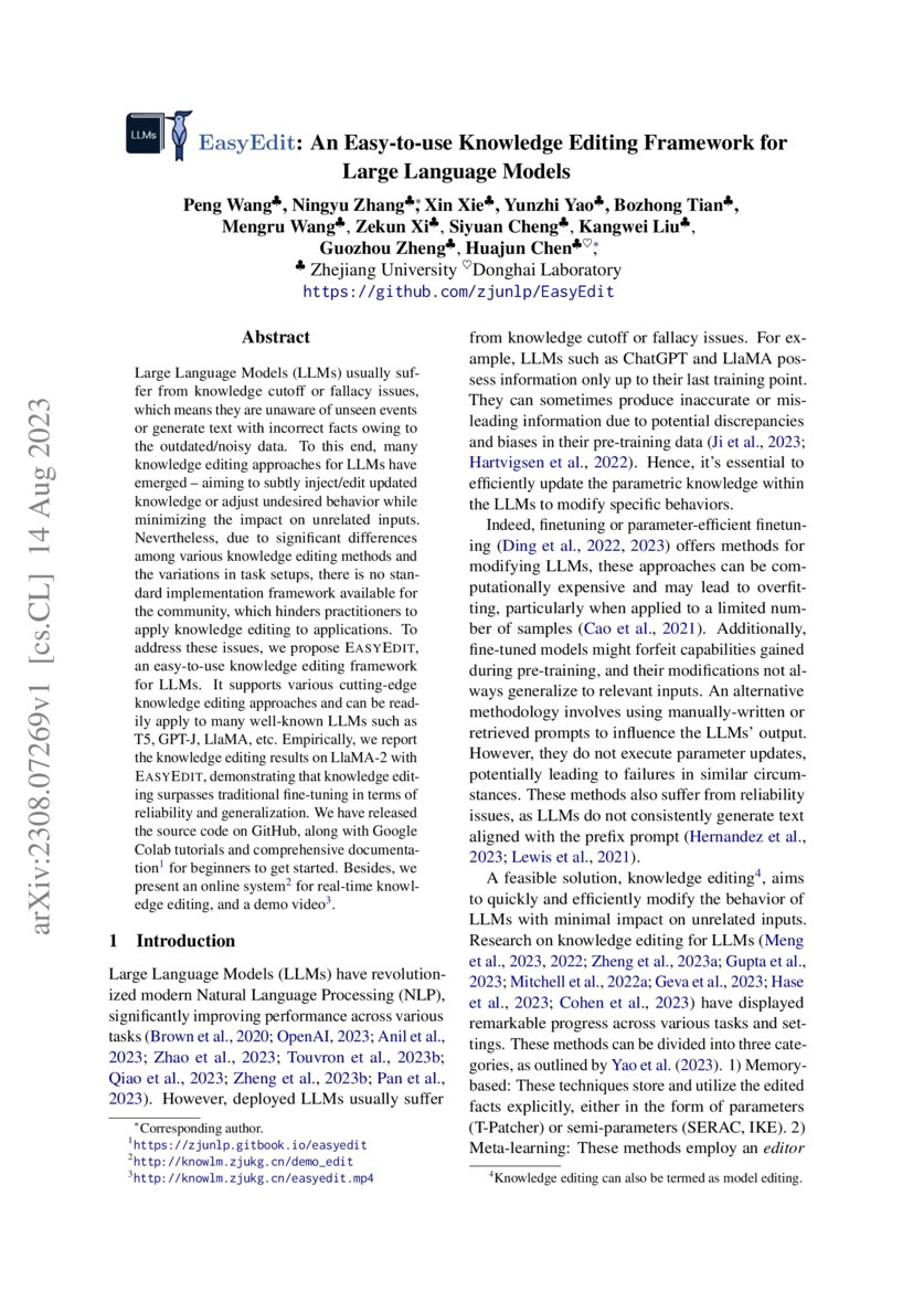EasyEdit: An Easy-to-use Knowledge Editing Framework for Large Language Models | DeepAI
