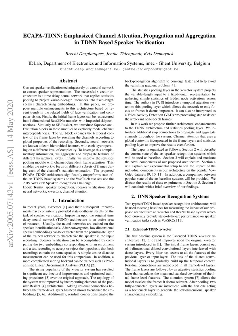 ECAPA-TDNN: Emphasized Channel Attention, Propagation and Aggregation in TDNN Based Speaker ...