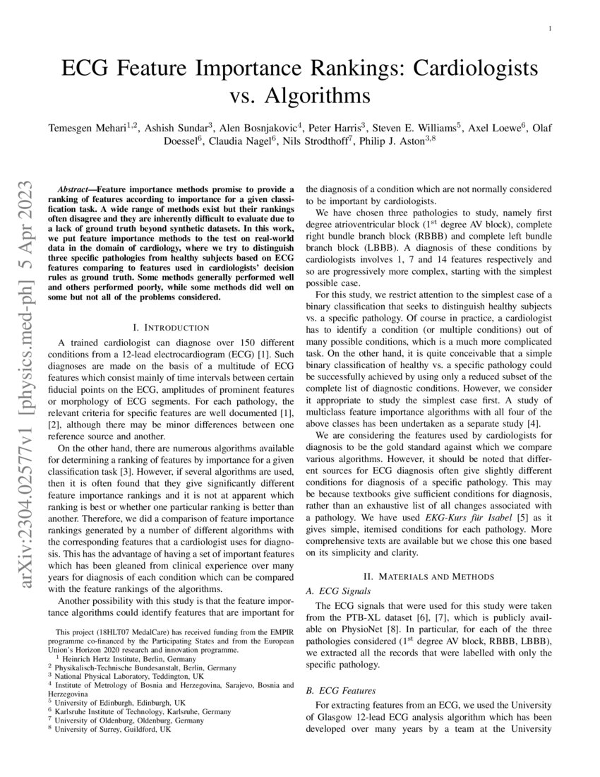 ECG Feature Importance Rankings: Cardiologists vs. Algorithms | DeepAI ECG Feature Importance Rankings: Cardiologists vs. Algorithms | DeepAI