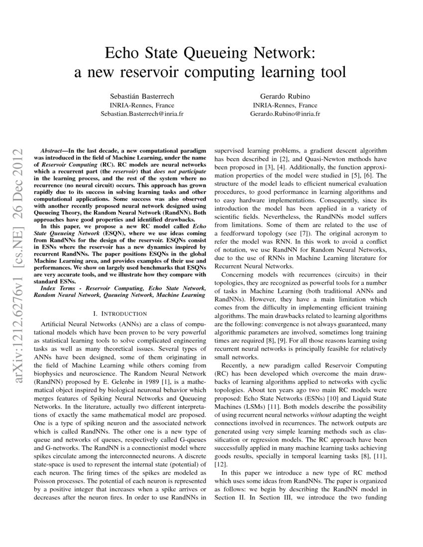 Echo State Queueing Network: a new reservoir computing learning tool | DeepAI
