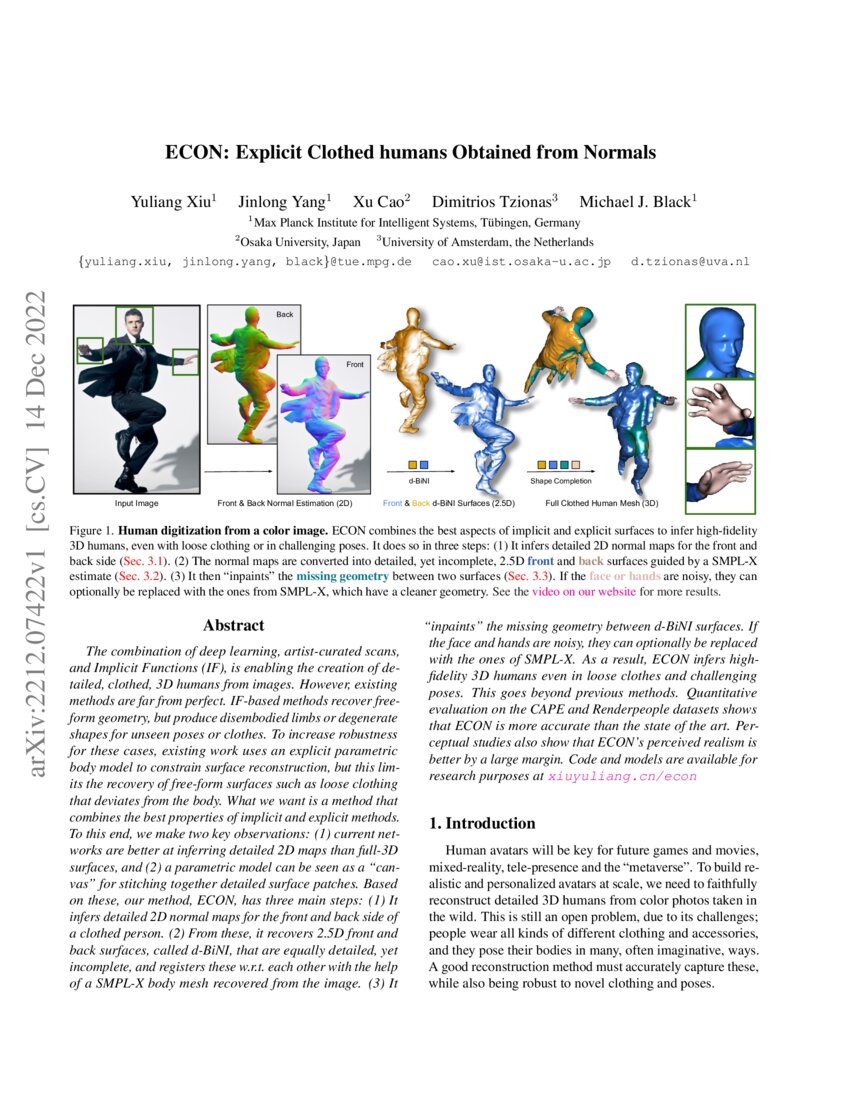 ECON: Explicit Clothed humans Optimized via Normal integration | DeepAI