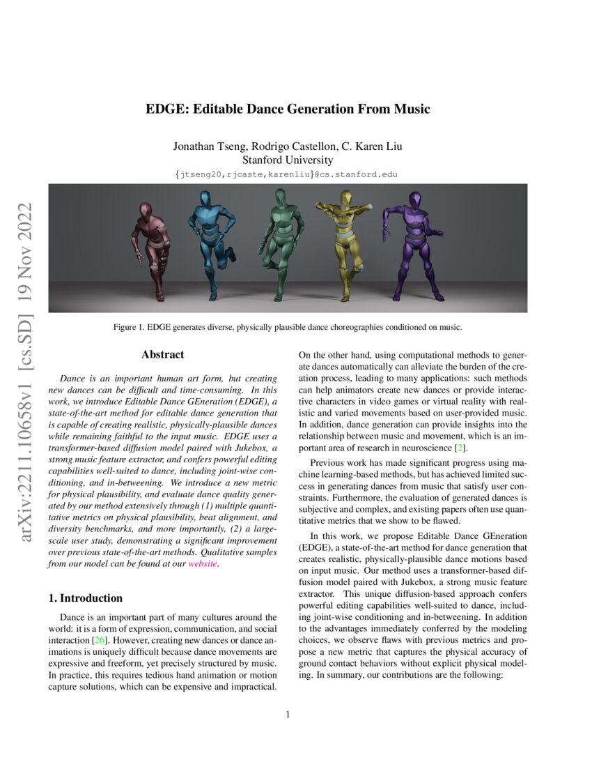 EDGE: Editable Dance Generation From Music | DeepAI