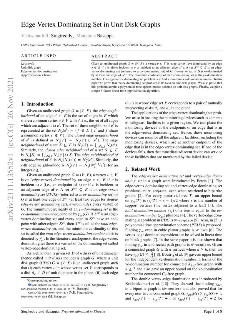 Edge-Vertex Dominating Set in Unit Disk Graphs | DeepAI