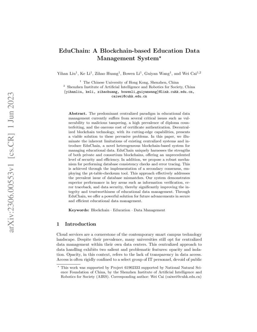 EduChain: A Blockchain-based Education Data Management System | DeepAI